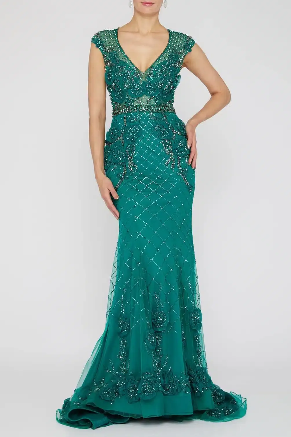 3D Floral Applique Beaded Evening Dress - Floral Applique Dress -1722GL4488